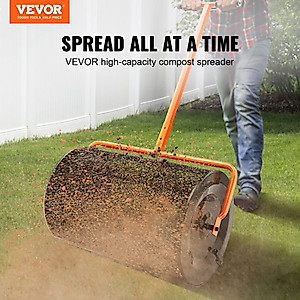 VEVOR Compost Spreader, 24.4-25.6" Height Adjustable Handle, 24" Wide, Lawn and Garden Peat Moss Roller with Side Latches, Powder Coated Steel Mesh Basket for Spreading Manure, Topsoil, Black