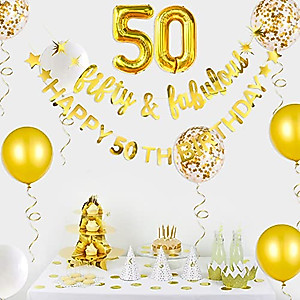 Gold Fifty & Fabulous Happy 50th Birthday Banner Garland Foil Balloon 50 for Womens 50th Birthday Decorations Hanging 50 and Fabulous Cheers to 50 Years Old Birthday Party Supplies Backdrop
