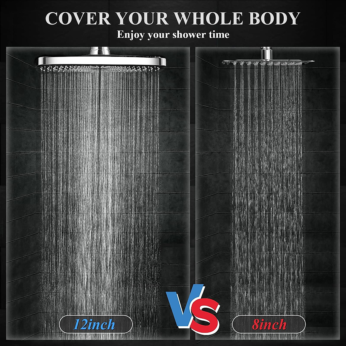 Veken 12 inch Rain Shower Head Rectangle- Wide Coverage Rainfall Style Water Spray - Adjustable Showerhead with Anti-Clog Nozzles - High Pressure Rain Fall for Soothing Sensation - Chrome Black