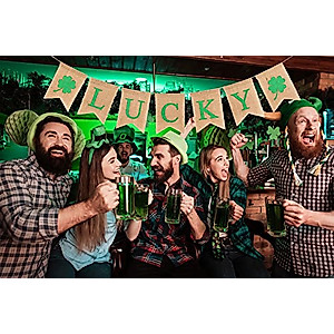 Whaline St. Patrick's Day Banner with String LUCKY Letters Burlap Banner Happy Easter Rabbit Bunting Garland Pre-Assembled Hanging Decoration for Home Party Supplies