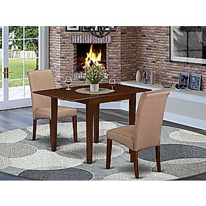 East West Furniture NDBA3-MAH-18 3 Piece Kitchen Table Set Contains a Rectangle Dining Room Table with Dropleaf and 2 Brown Linen Linen Fabric Parson Dining Chairs, 30x48 Inch, Mahogany