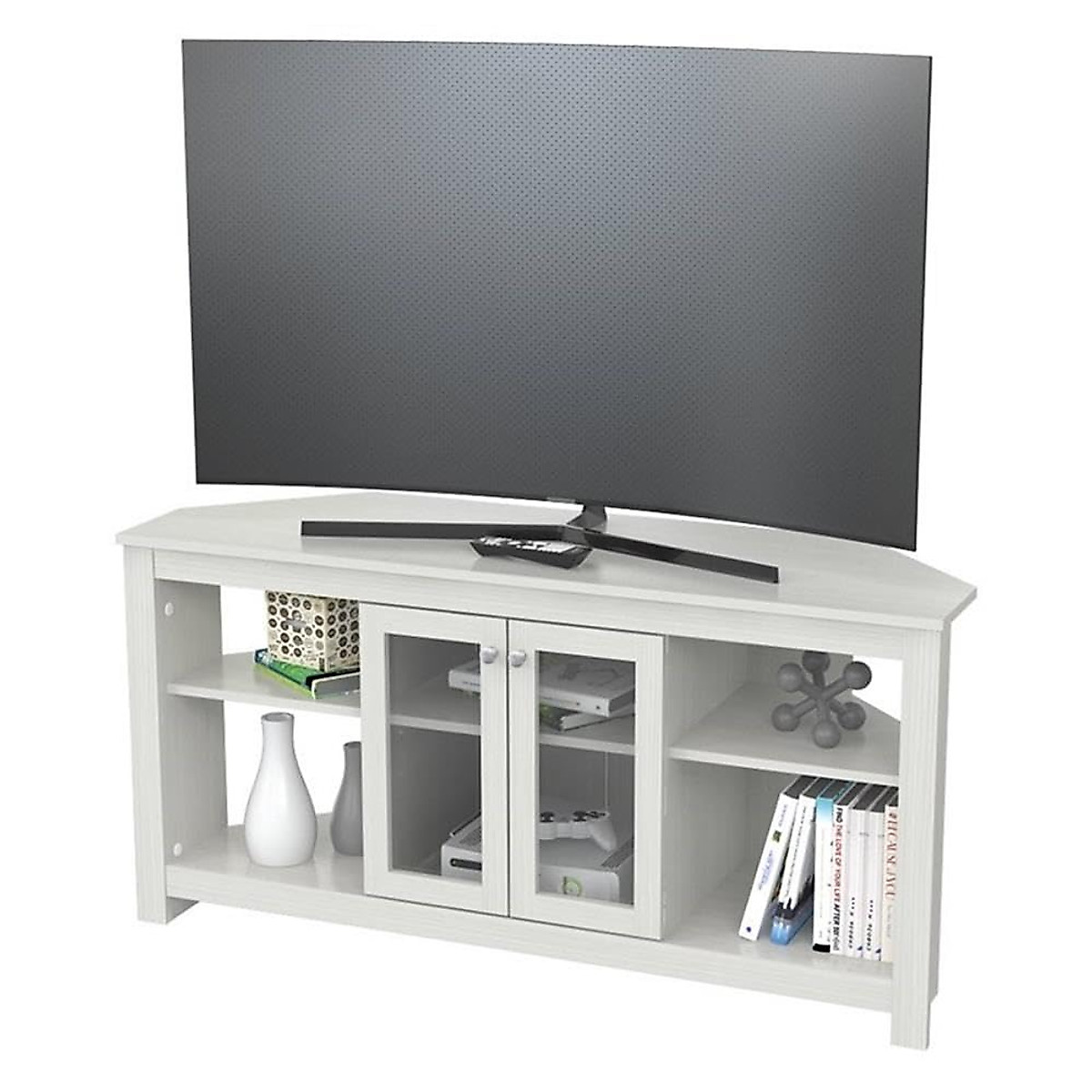 Inval, Adjustable Storage Shelves, Washed Oak Corner Stand for Flat Screen TVs Up to 60”, Entertainment Center with Glass Doors
