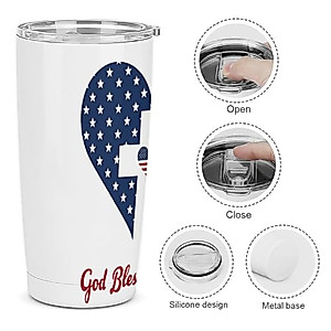 God Bless America Heart Flag Patriotic 20 OZ Stainless Steel Tumbler Travel Car Coffee Mug with Straw Lid Cleaning Brush Coffee Tumbler Mug for Women Men