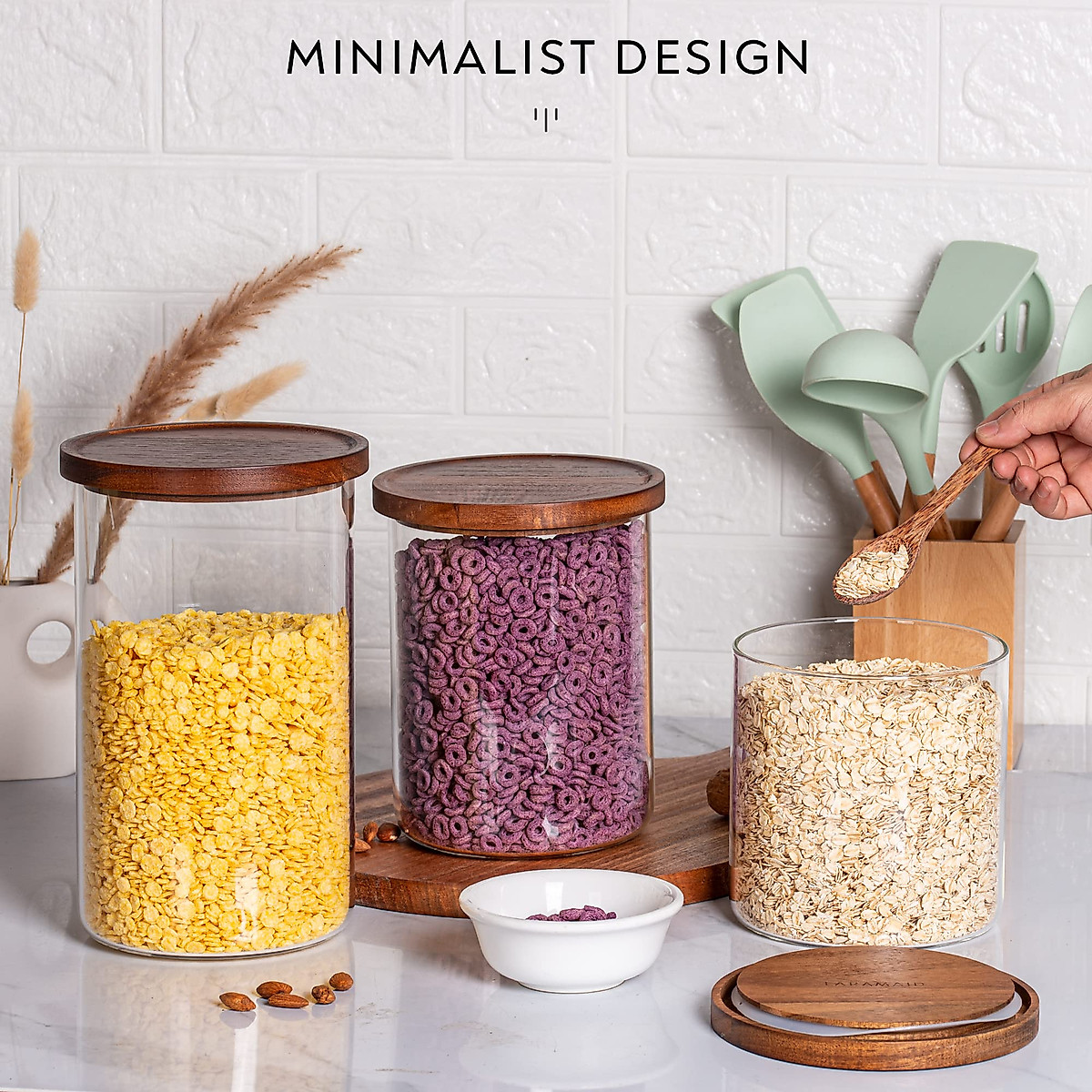 Laramaid 101oz 2Pack Glass Jar Canisters with Minimalist Labels, Round Pantry Jars with Brown Acacia Lids, Vinyl Customized Labels and White Pen, Food Storage Containers for Home, Kitchen and Pantry