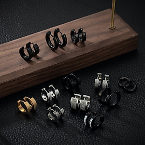 RIOSO 12Pairs Hoop Earrings for Men Stainless Steel Black Silver Men's Hoop Earring