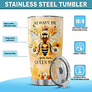 JENOIS Bee Gifts, Tumbler 20 Oz With Lid And Straw, Always Be Queen Bee