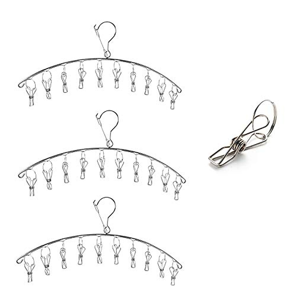 Laundry Drying Rack Clothes Hanger with 10 Clips, Stainless Steel Sock Drying Rack, Sock Hangers Clip and Drip Hanger for Drying Socks, Bras, Gloves, Towels, Baby Clothes, 3Pcs