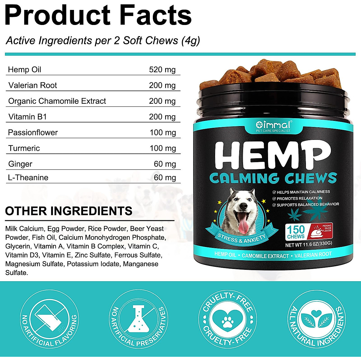Oimmal Hemp Calming Chews for Dogs, Dog Anxiety Relief Calming Treats, Dog Calming Treats for Separation, Barking, Stress Relief, Thunderstorms, Calming Dog Treats Calming Aid (Duck 150chews)