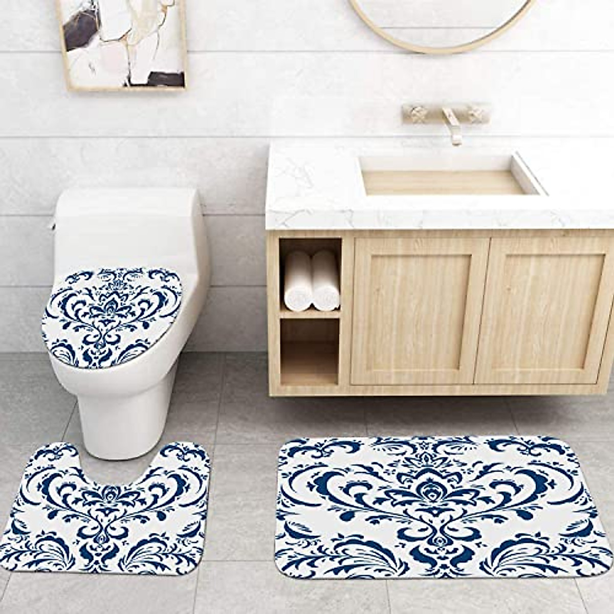 RyounoArt 4Pcs Damask Print Shower Curtain Sets with Non-Slip Rugs Toilet Lid Cover and Bath Mat Navy Blue Floral Paisley Shower Curtain Indigo Abstract Flowers Boho Style Bathroom Decor