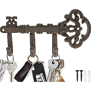 Comfify Decorative Wall Mounted Skeleton Key Holder Rack | Vintage Key Shape with 3 Hooks | Wall Mounted | Rustic Cast Iron | 7.9 x 4.1”- with Screws and Anchors Rust Brown Color