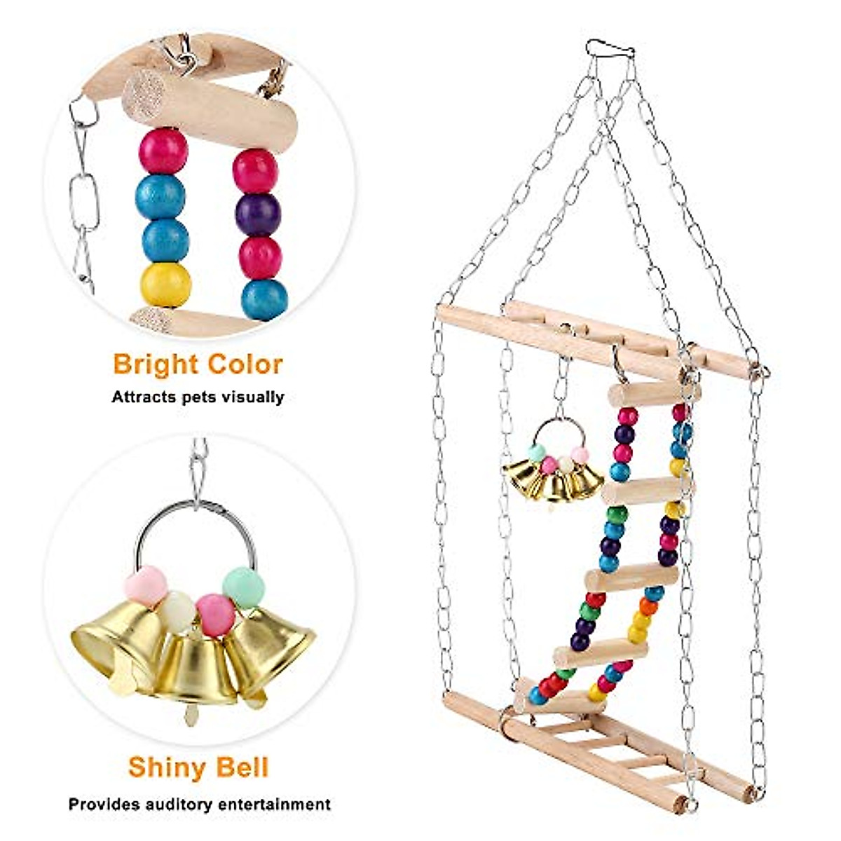 Filhome Hanging Bird Ladder Swing Bridge Toys, Parrot Playground Perch Stand Toy Bird Cage Accessories for Parakeets Cockatiels, Conures, Macaws, Finches