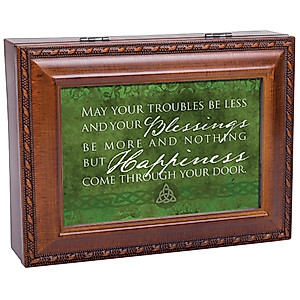 Cottage Garden Troubles Less Blessings More Happiness Woodgrain Rope Trim Jewelry Music Box Plays Irish Lullaby