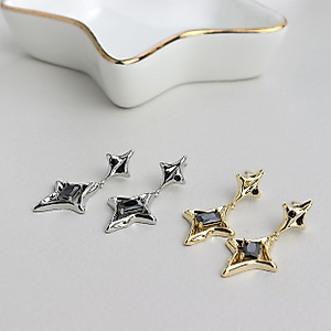 Sonateomber Gold Star Drop Dangle Earrings for Women - Cute Sparkly Black Rhinestone CZ Birthstone Crystal Lucky Four-point Star Dangling Hypoallergenic Stud Fashion Wedding Bridal Prom Birthday Accessories Jewelry Gift