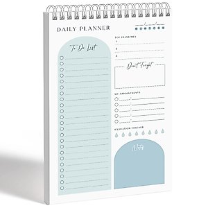 Daily Planner To Do List Notepad 60 Undated Pages,Pastel Blue,Twin-ring Spiral Bindling 6x9 Inch Desktop Daily Planning Notepad with Protective Cover, Water Intake, Habit Tracker