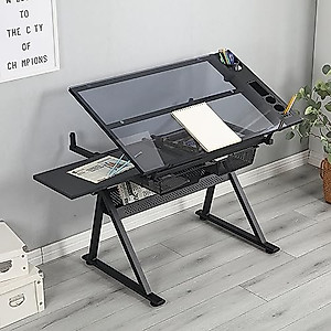 Kindmin Height Adjustable Drafting Table Drawing Table Artist Desk Tilting Tabletop Art Craft Desk Watercolor Paintings Sketching Work Station w/2 Storage Drawers and Stool for Home Office