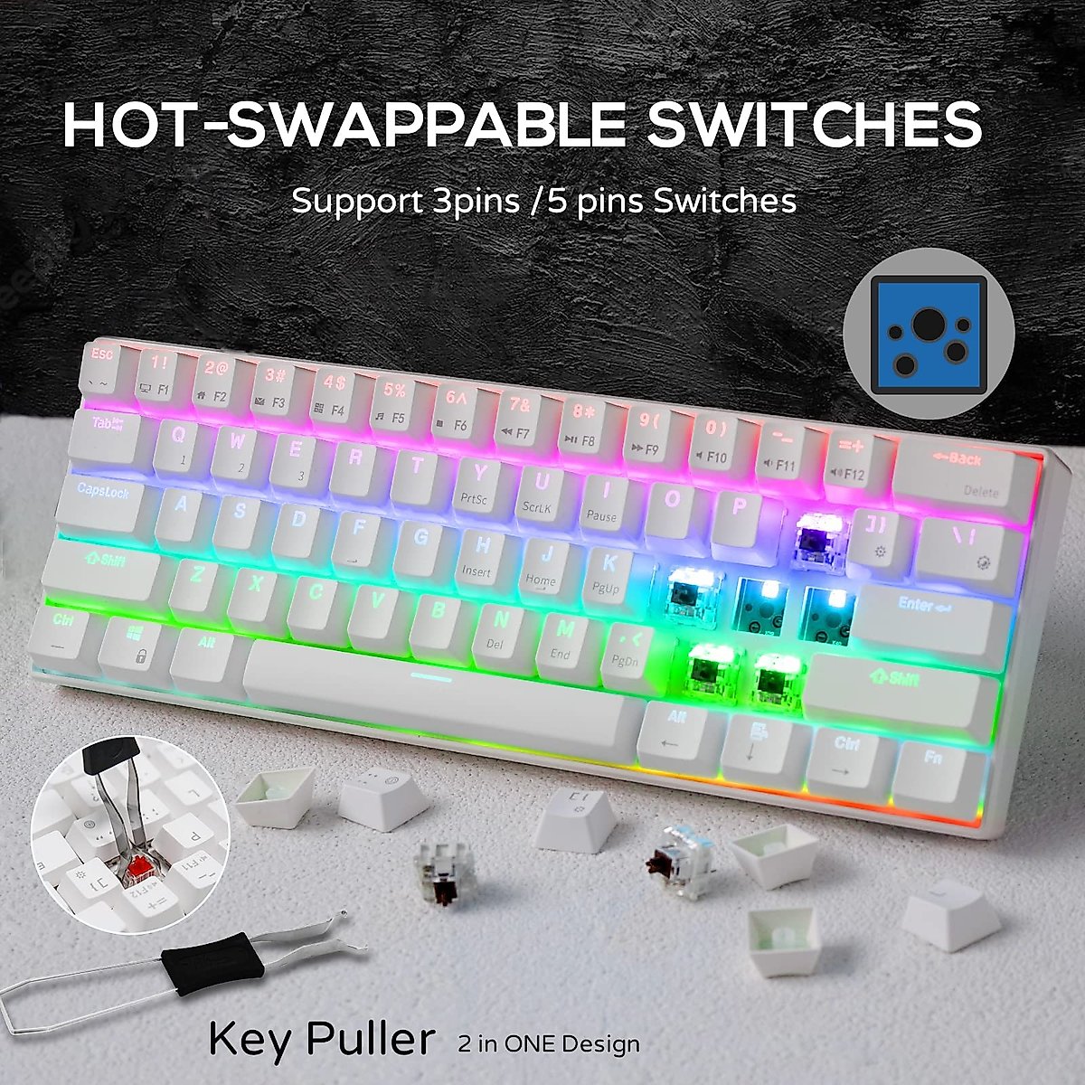 RK ROYAL KLUDGE RK61 60% Mechanical Keyboard with Coiled Cable, 2.4Ghz/Bluetooth/Wired, Wireless Bluetooth Mini Keyboard 61 Keys, RGB Hot Swappable Red Switch Gaming Keyboard with Software - White