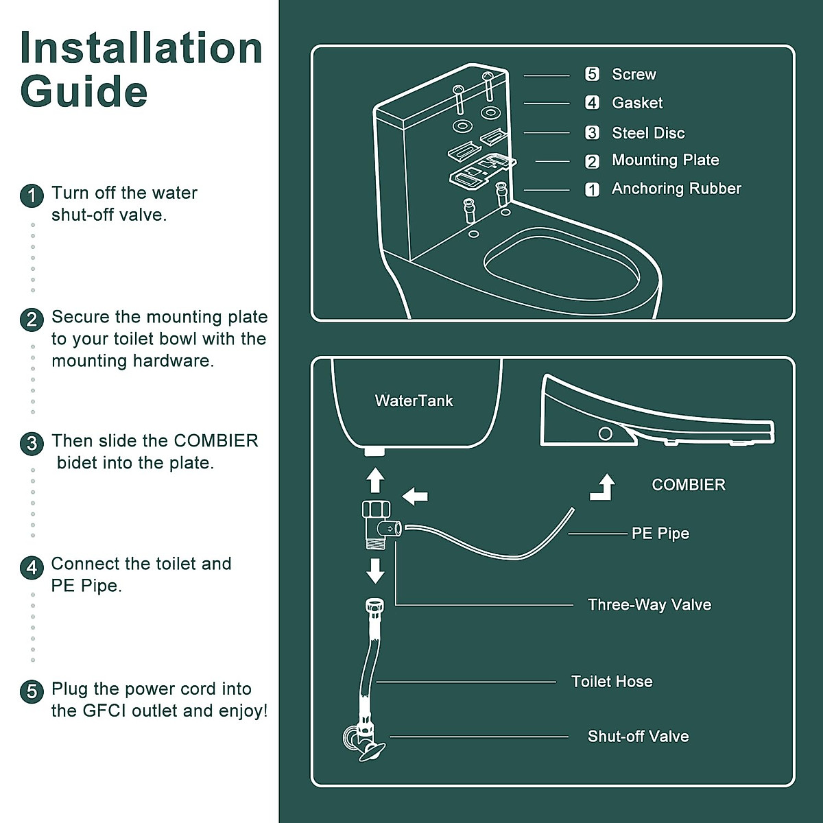 Combier CMA301 Bidet Toilet Seat With Warm Water And Wireless Remote, The heated Toilet Seat Have Warm Air Dryer, Multiple Spray Modes And Self-Cleaning Stainless Steel Nozzle (Elongated)