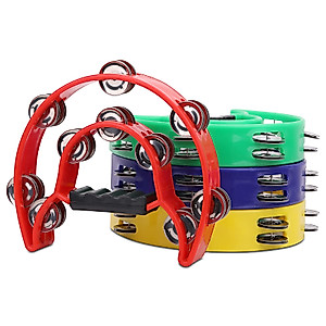 CEE 4 Pack 10 Double Row Tambourine, Half Moon Musical Tambourine 20 Metal Jingles Hand Held Percussion Drum, Panderos Para Adultos, Plastic Tambourines for Adults, Church, KTV, Party, Multicolored