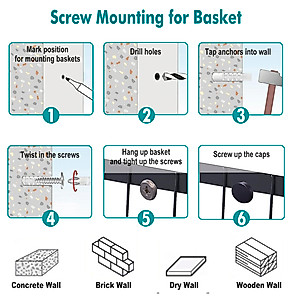 LIGHT DUST Wall Hanging Baskets - 8 Set Black Baskets & Cups Wire Basket Metal Wall Organizer Bins for Kitchen Pantry Cabinet Bathroom Shower Door RV [Included Adhesive Hooks & Wall Mounted Screws]