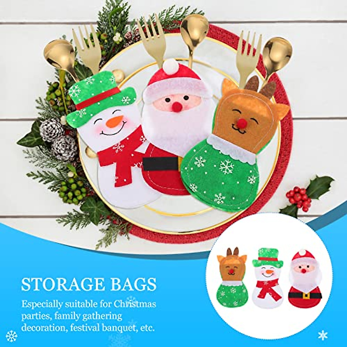 Hemoton Santa Ornament 3pcs Christmas Cutlery Bags Holder Christmas Silverware Holder Pockets Santa Snowman Reindeer Forks Bags Cutlery Holders Pockets Christmas Table Decorations Desktop Decor