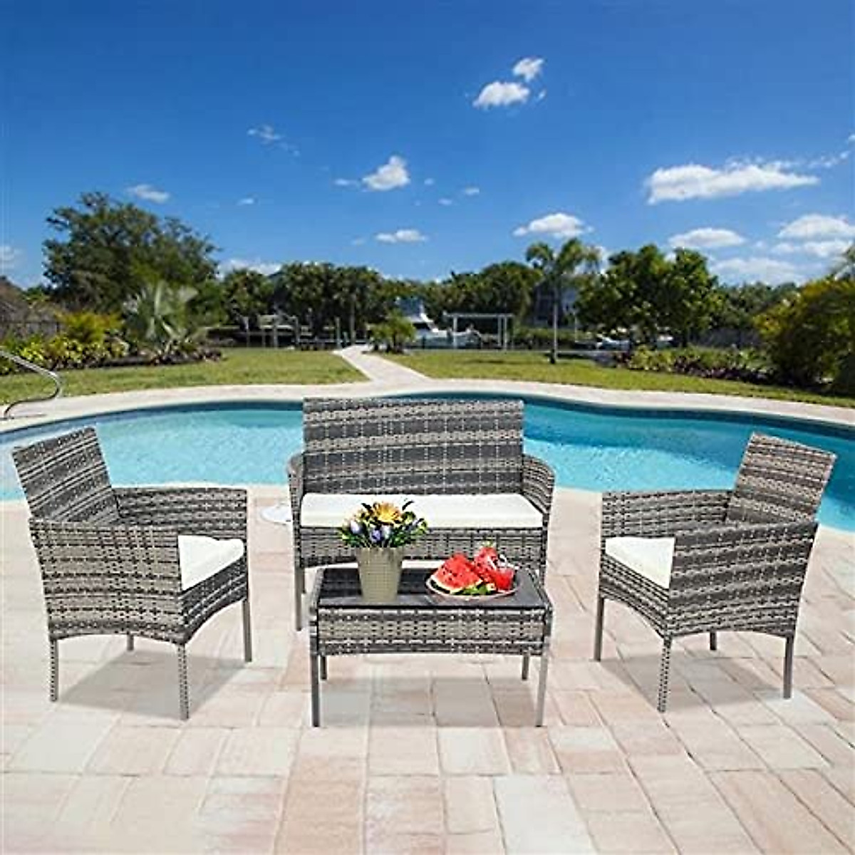 SAWQF Three Colors Patio Furniture Set Outdoor Living Room Balcony Rattan Furniture Four-Piece-Brown Outdoor Furniture (Color : E)