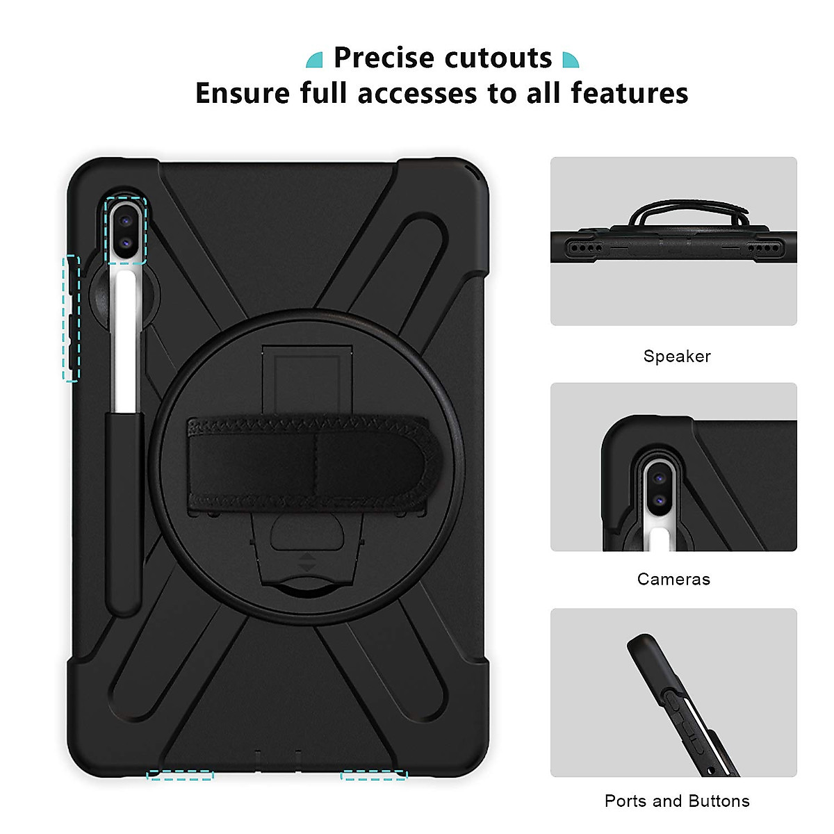 ProCase Galaxy Tab S6 10.5” 2019 Case with S Pen Holder (Model SM-T860/T865/T867), Rugged Heavy Duty Shockproof Case with Hand Strap Rotating Kickstand Protective Cover Case –Black