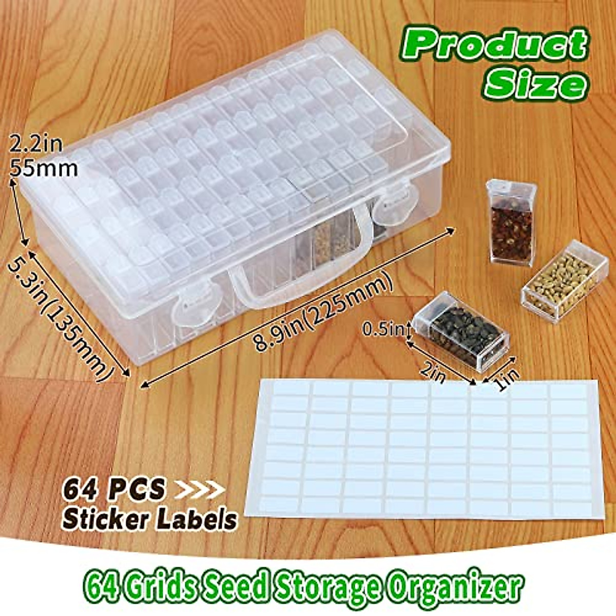 64 Slots Plastic Seed Storage Box, Seeds Storage Organizer with Label Stickers(seeds not included), Seed Container Storage use for Flower Seeds,Vegetable Seeds, Clover Seeds, Basil Seeds, Tomato Seeds