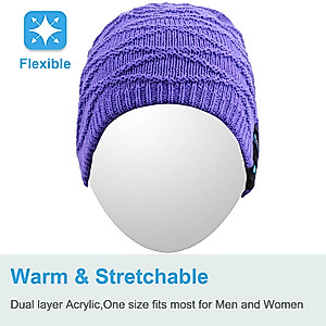 Rotibox Winter Washable Bluetooth Music Beanie Luxury Soft Warm Skully Knit Hat Cap w/Wireless Headphone Headset Earphone Microphone Hands Free for Excrise Gym Sports Fitness Running Skiing - Purple