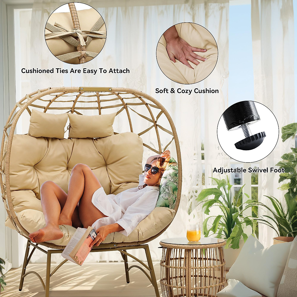 YITAHOME Double Egg Chair with Table 2 Person Wicker Egg Chair Indoor Outdoor Patio Egg Chair with Cushions 617lbs for Patio, Bedroom, Garden and Balcony, Beige
