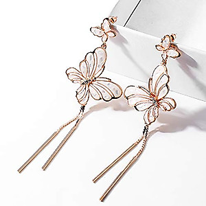 Rose Gold Butterfly Light Pink Enameled with Mother of Pearl Dangle Tassel Long Earrings Pierced