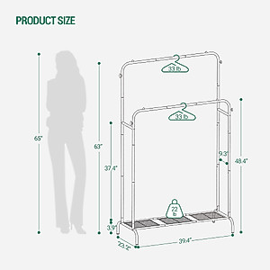 Hzuaneri Clothes Rack, Double Rods Garment Rack with Storage Shelf, Clothing Rack for Hanging Clothes, Metal Frame Clothes Organizer for Bedroom, Living Room, Black GR34099B