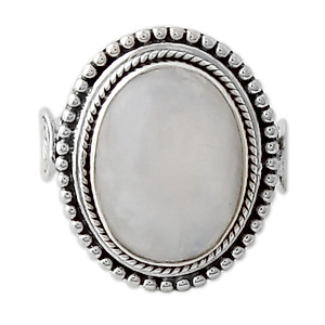 NOVICA Artisan Handmade Rainbow Moonstone Cocktail Ring India Sterling Silver with White Clear Single [crownbezel 0.8 in L x 0.7 in W x 0.2 in H Band Width 2 mm W] ' Rainbow Glow'