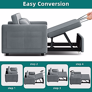 YITAHOME 55" Convertible Sofa Bed, 3-in-1 Sleeper Sofa with Pull-Out Bed, Velvet Futon Couch with Reclining Backrest and Side Pocket, Modern Loveseat for Living Room, Grey, Full Size