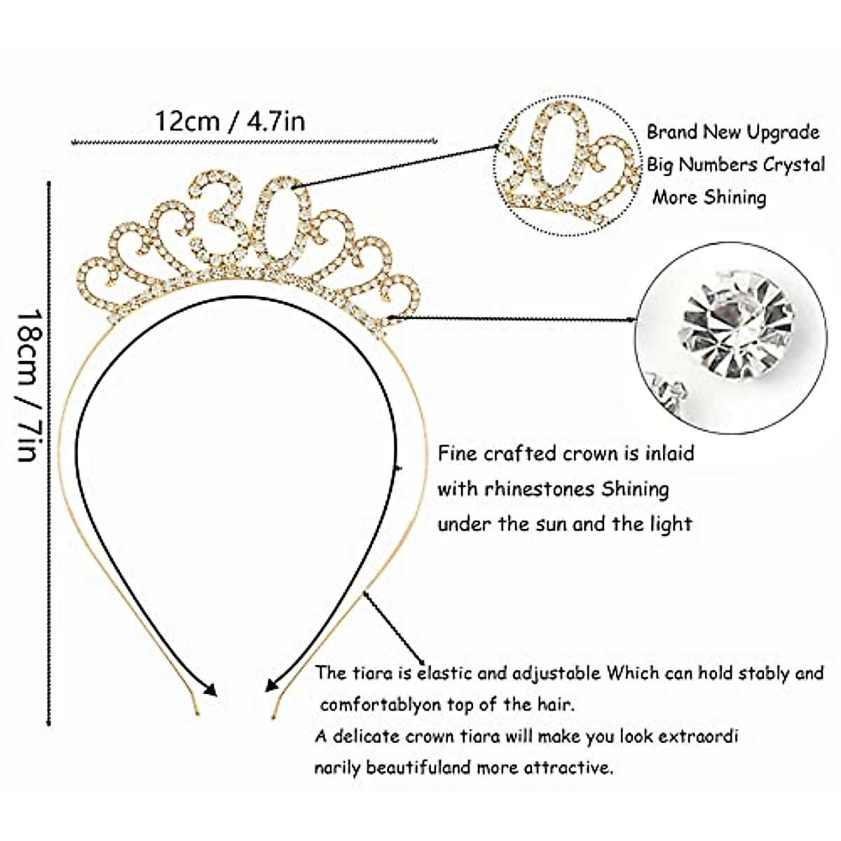 30th Birthday Crown and Birthday Sash 30th Birthday Decorations for Women 30th Birthday Tiara Headbands 30th Birthday Gift for Women (Gold)