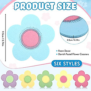 6 Pieces Danish Pastel Flower Coasters Aesthetic Cute Preppy Coasters Danish Pastel Room Decor Drinks Coffee Table Gift for Home, Green Pink Purple Orange Blue and Yellow, 3.7 Inches