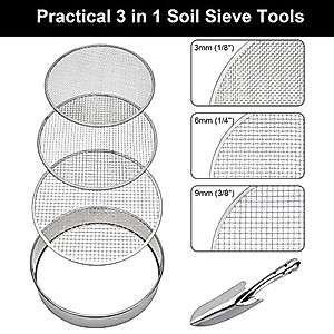 Soil Sieve Stainless Steel Riddle Sieve Set, 12" Diameter, with 3 Interchangeable Filter Mesh Sizes 3,6,9mm and Shovel