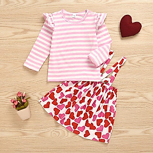 Myhrey Toddler Baby Girls Valentine's Day Outfits Ruffle Long Sleeve Stripe Shirt + Suspender Skirt Set (Pink, 12-18 Months) M04 M04a