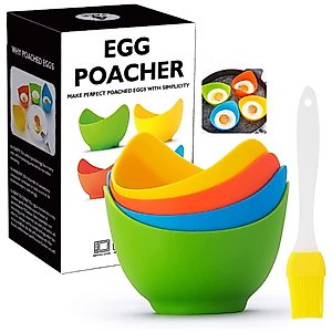 Egg Poacher - Silicone Poached Egg Bowl for cook, Silicone Egg Poacher Cup for Microwave or Stovetop Egg Poaching, with Extra Oil Brush, 4 Pack
