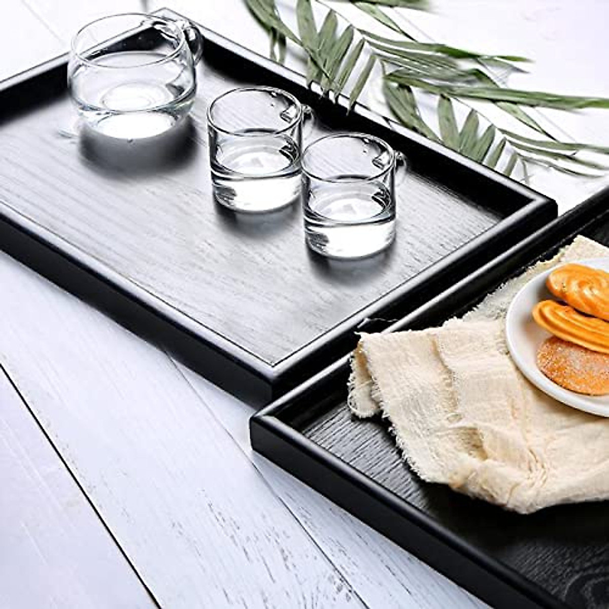 22 x 18 Inches Extra Large Solid Wood Serving Tray Tea Coffee Table Tray Snack Food Meals Serving Plate Kitchen Party Bar Server Breakfast Tray with Raised Edges Black Ottoman Tray Rectangle