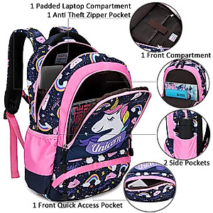 Girls School Backpacks with Lunch Box Unicorn Backpack School bag 3 in 1 Bookbag Set for 8+ Years Old Elementary