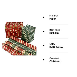 Lulu Home Christmas Wrapping Paper Set, 10ft x 30inch - 4 Rolls (100 sq. ft. ttl.) Kraft Brown Wrapping Paper, Assorted Rustic Thick Gift Jumbo Wrapping Paper for Xmas Holiday Present Packaging