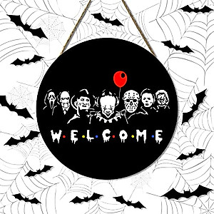 Comott Halloween Door Hanger Black Welcome Door Sign Fear Decor Round Wood Hanging Sign Halloween Wall Hanging Sign for Home Outdoor Indoor Decoratio, One Size