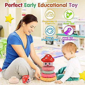 Baby Toys 6 to 12 Months 7Pcs Stacking Rings Montessori Toys for 1 Year Old Girls Boys, Soft Baby Teething Toys with Mushroom Head, Infant Sensory Educational Toys for Toddlers 1-2 Kids Birthday Gifts