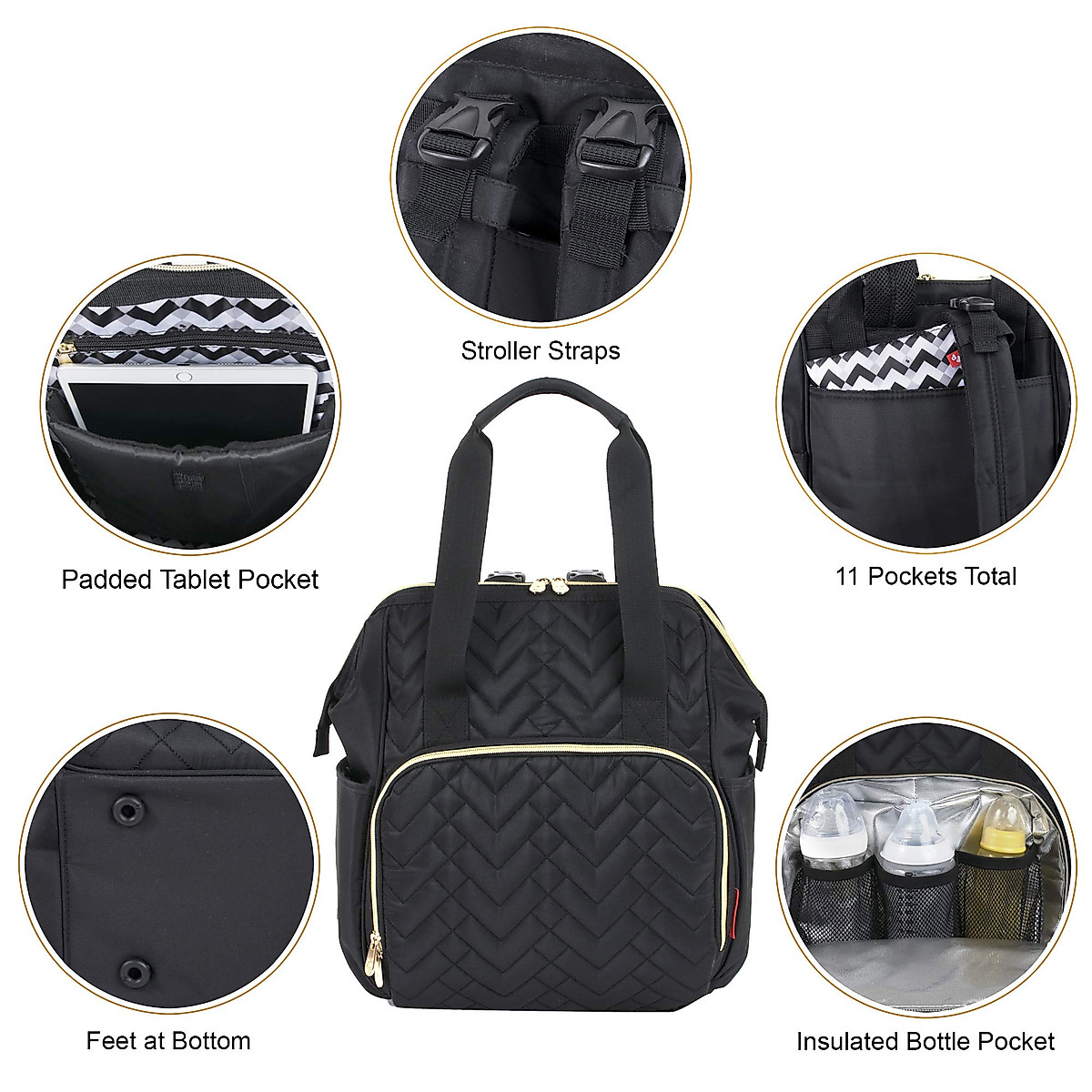 Quilted Backpack Diaper Bag Tote with Changing Pad, Stroller Straps, Insulated Bottle Compartment (Midnight Black)