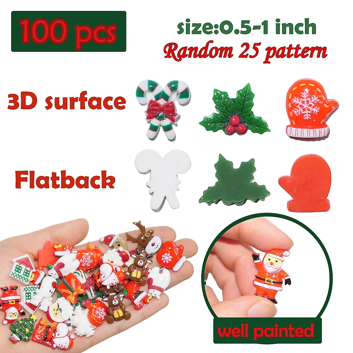 HADDIY Christmas Resin Charms for Crafts,100 Pcs Flatback Slime Charm Beads Miniature Ornaments for Christmas Embellishments,Craft Supplies and Mini Christmas Decorations