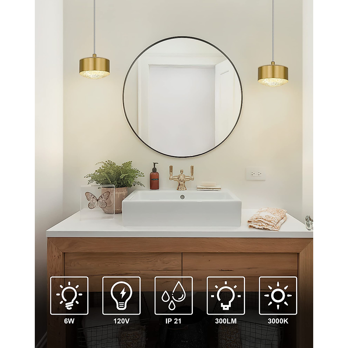 Ken & Ricky Gold LED Pendant Light Fixture, Mini Globe Hanging Light, Modern Island Lights for Kitchen Entryway Dinning Room Bathroom Bedroom - 1 Pack