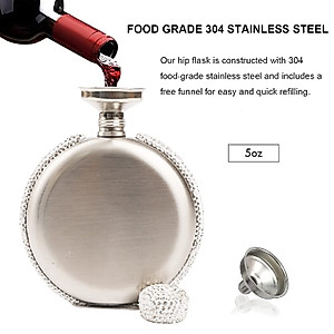 INTOR Hip Liquor Flask for Women, Leakproof Wine Flasks 304 Stainless Steel Rhinestone Portable Flask with Funnel, Women Girls Bling Gift(Silver/5oz)