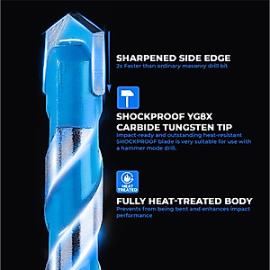 toolant 5/32" Concrete Drill Bit Set & Masonry Drill Bit Set, Shockproof Hex Shank Hammer Drill Bit Set for Glass/Brick/Plastic/Cement/Tile, Industrial Strength Carbide Drill Bit Tip 1/4" Box of 10