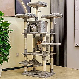 NEGTTE Cat Tree Tower for Indoor Cats,67 inches Extra Large Multi-Level Cat Condo with Sisal Scratching Posts for Large Cats Kitty Play House,Light Gray