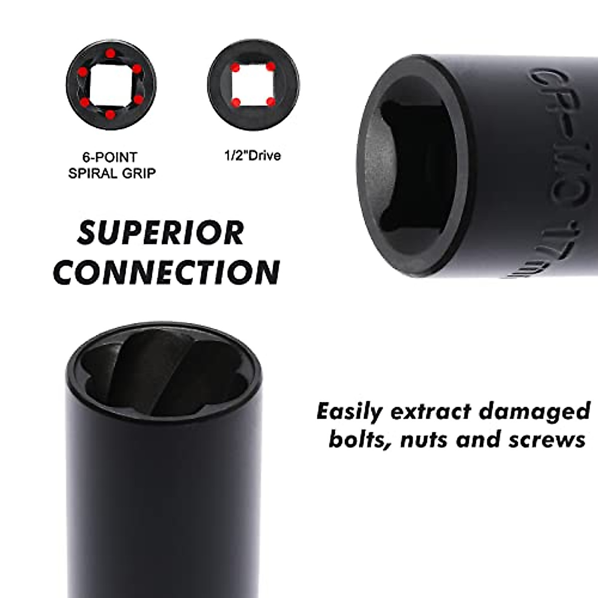 CASOMAN 5 Pieces 1/2"Dr. Twist Socket Set, Lug Nut Remover Tool Metric Bolt and Lug Nut Extractor Socket Tools